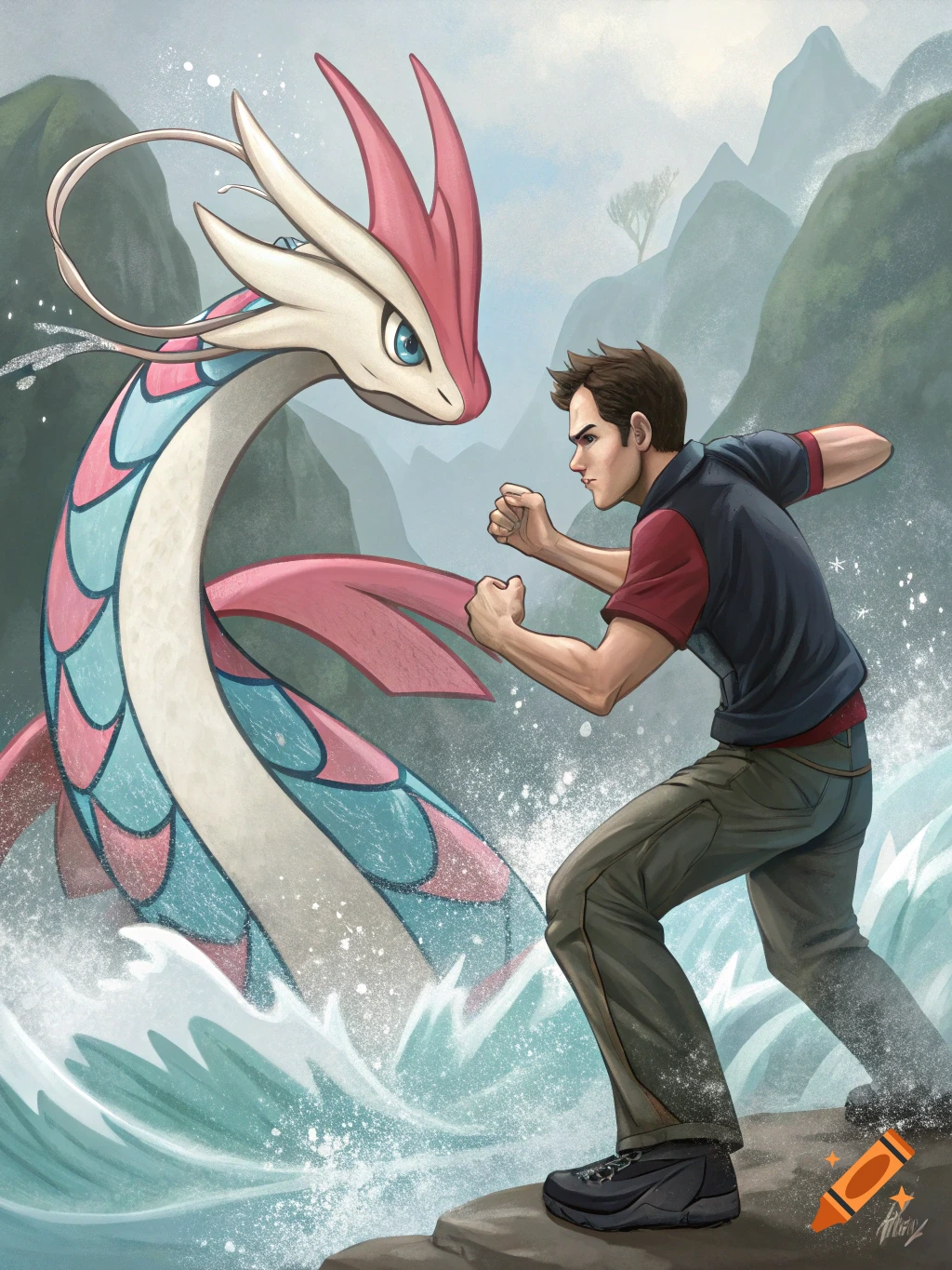 Illustration of a man in a fighting stance facing a large Milotic ...
