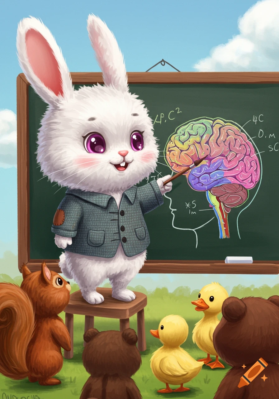 Cute cartoon bunny rabbit teacher points to a brain diagram on a ...