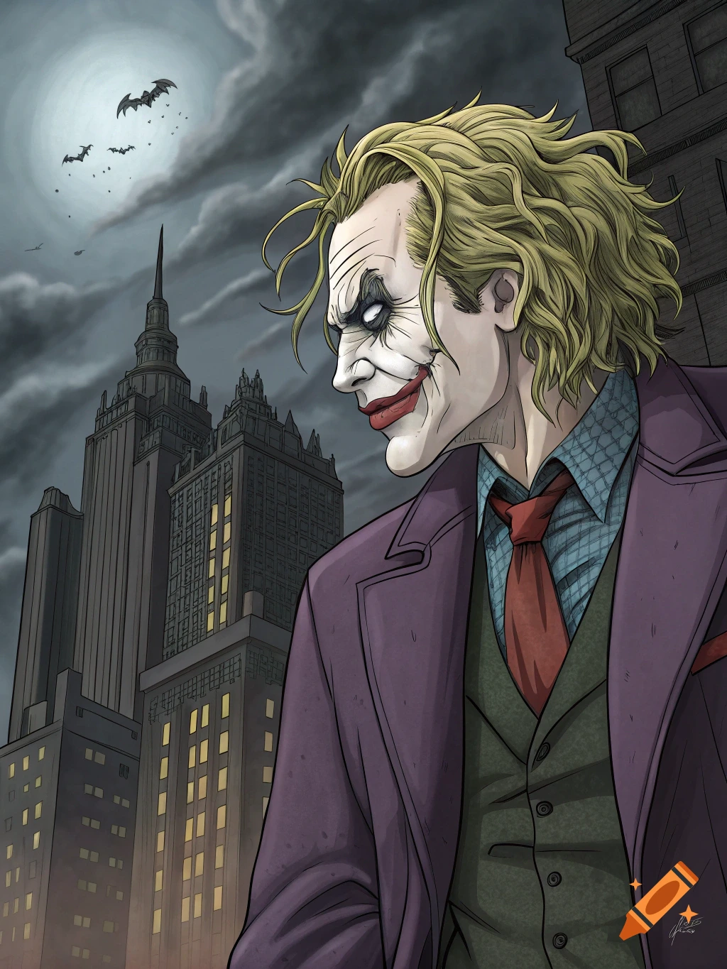 2D cartoon of Heath Ledger's Joker standing before a tall building at ...