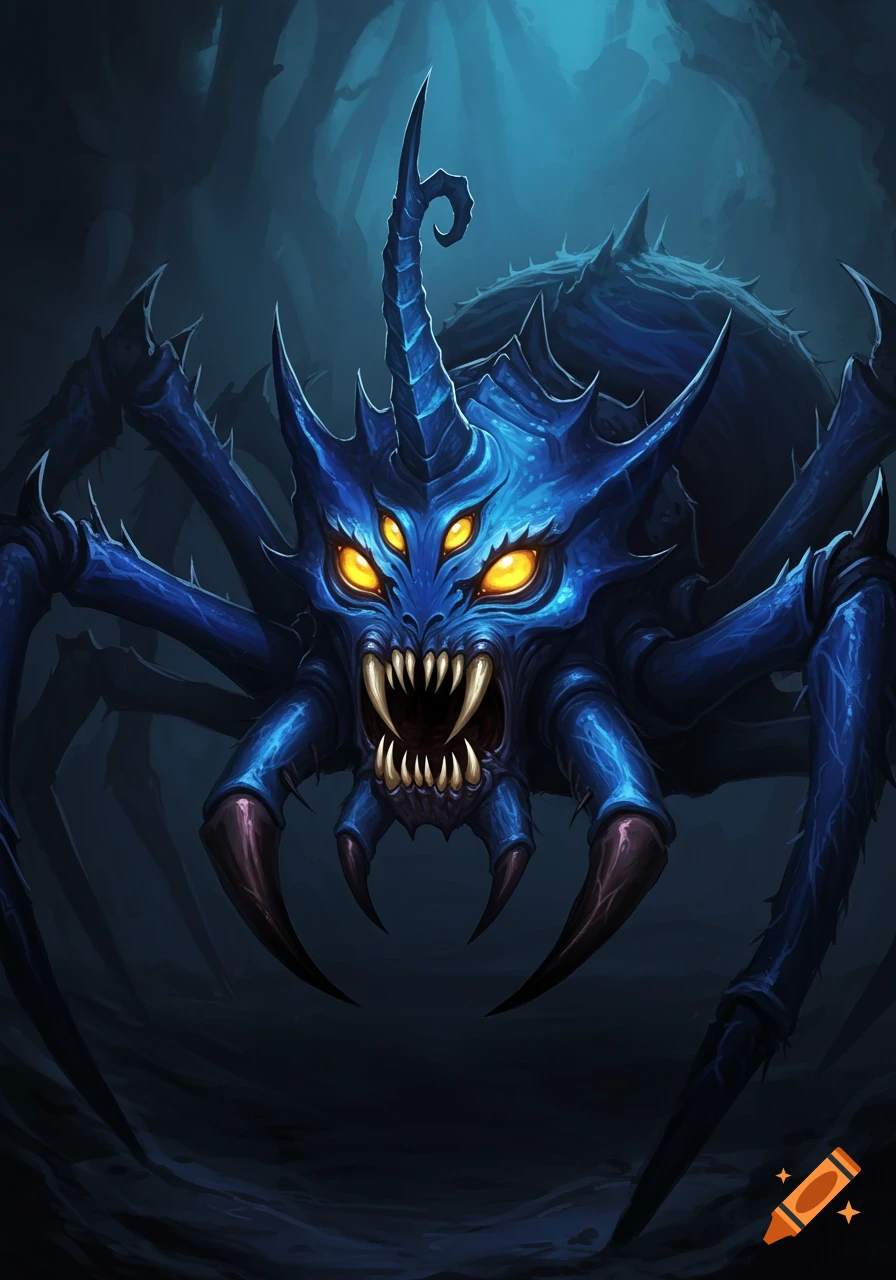 A giant blue spider-like creature with three glowing yellow eyes, a ...