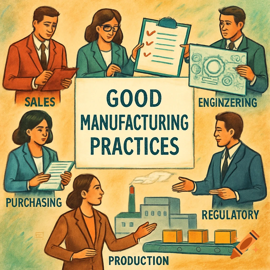 Vintage illustration of business departments around a diagram for good manufacturing practices ...