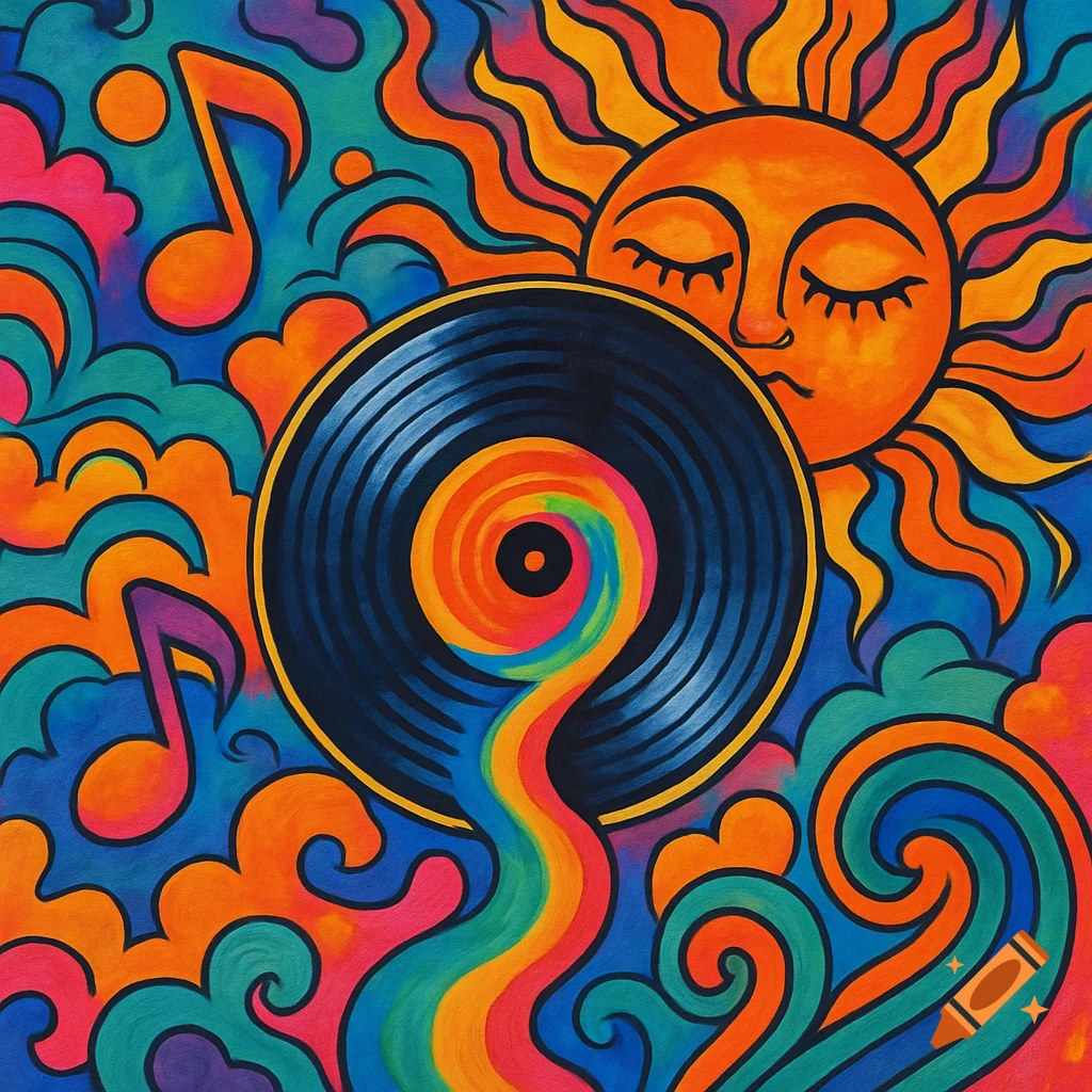 Psychedelic illustration of a record, sun, and music notes with ...