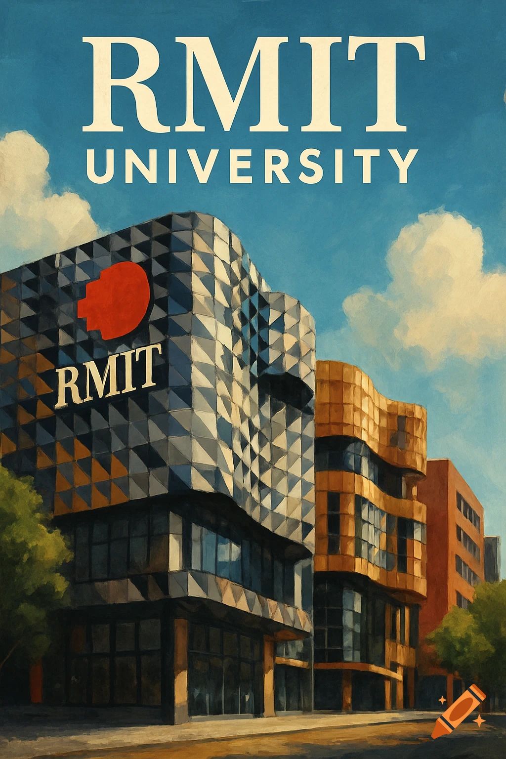 Painting of RMIT University building with text 'RMIT UNIVERSITY' and ...