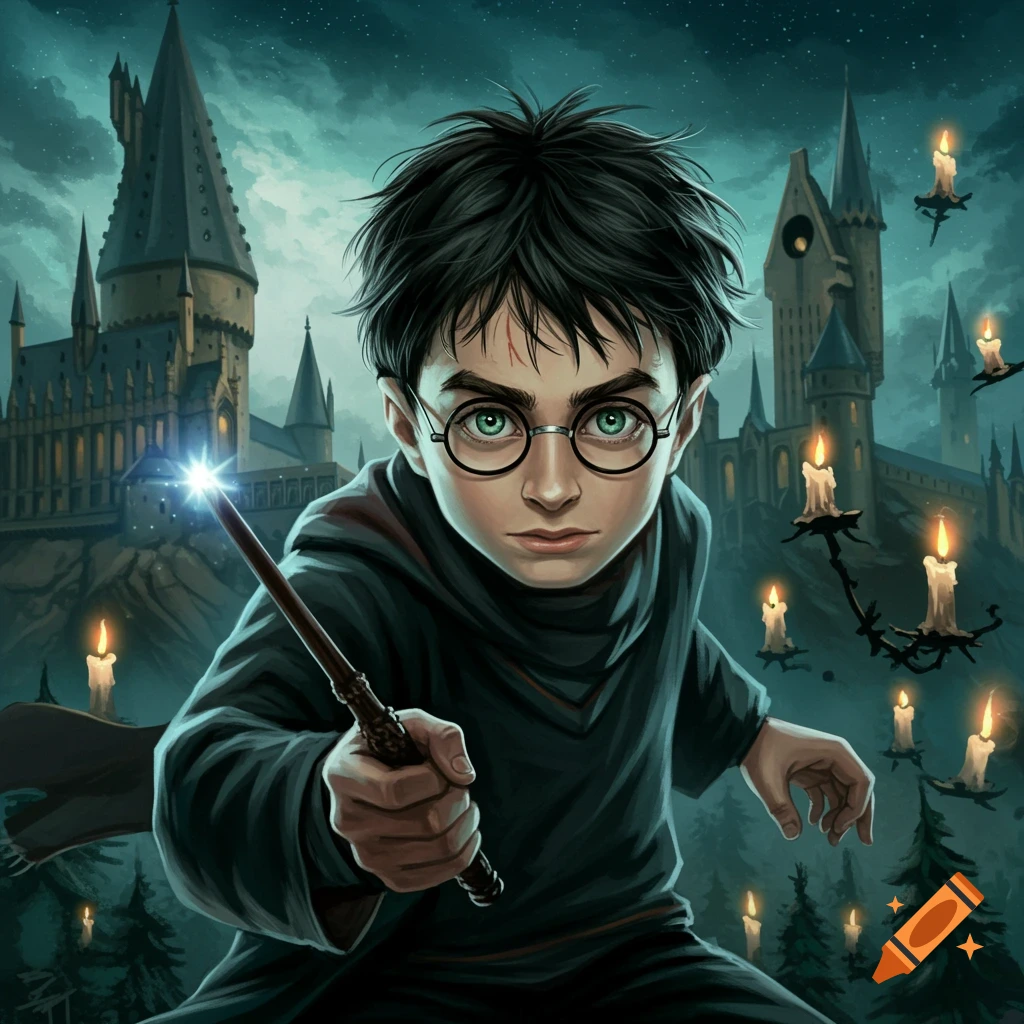 Young wizard casting a spell in front of a large fantasy castle at ...