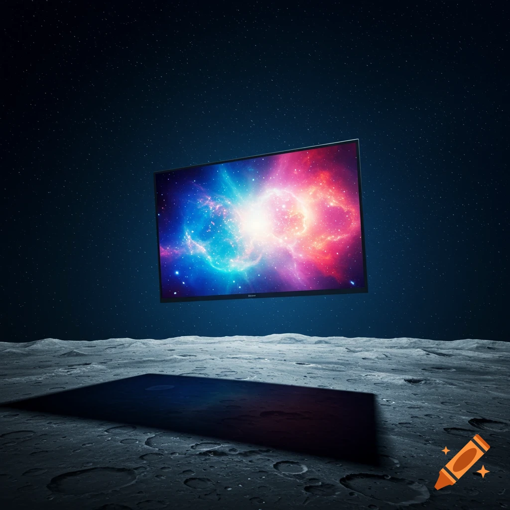 A television displaying a vibrant nebula floats above a cratered moon ...