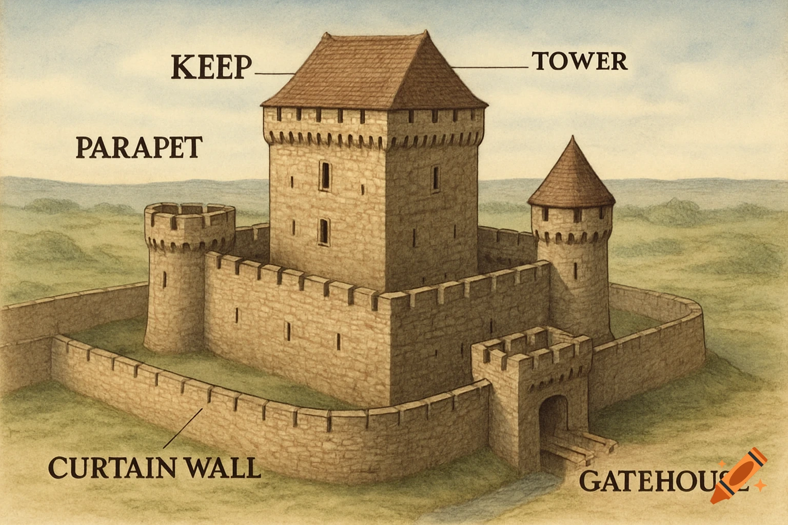 Illustrated diagram of a stone medieval castle with labels pointing to ...