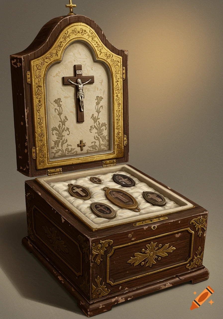 An open ornate wooden box containing religious relics and a crucifix ...