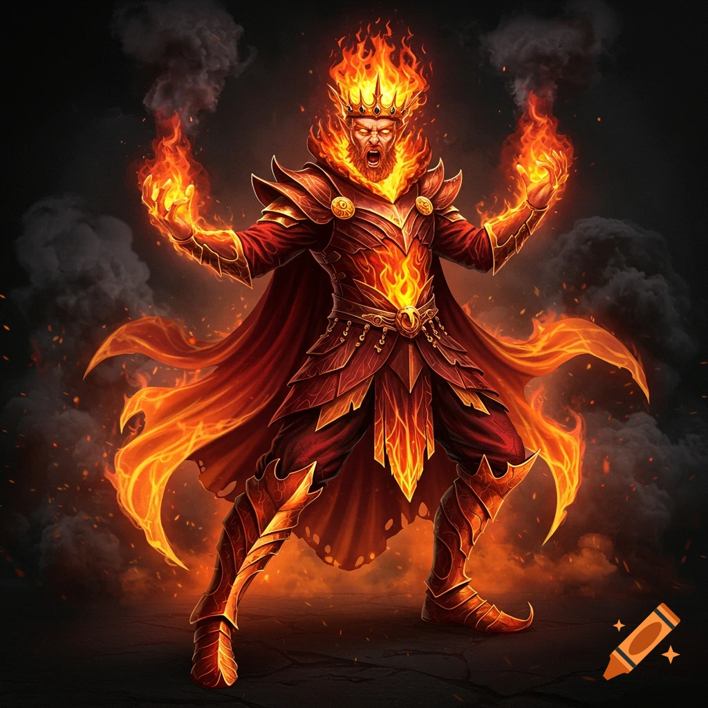 Fantasy illustration of a king made of fire, wearing ornate armor and a ...
