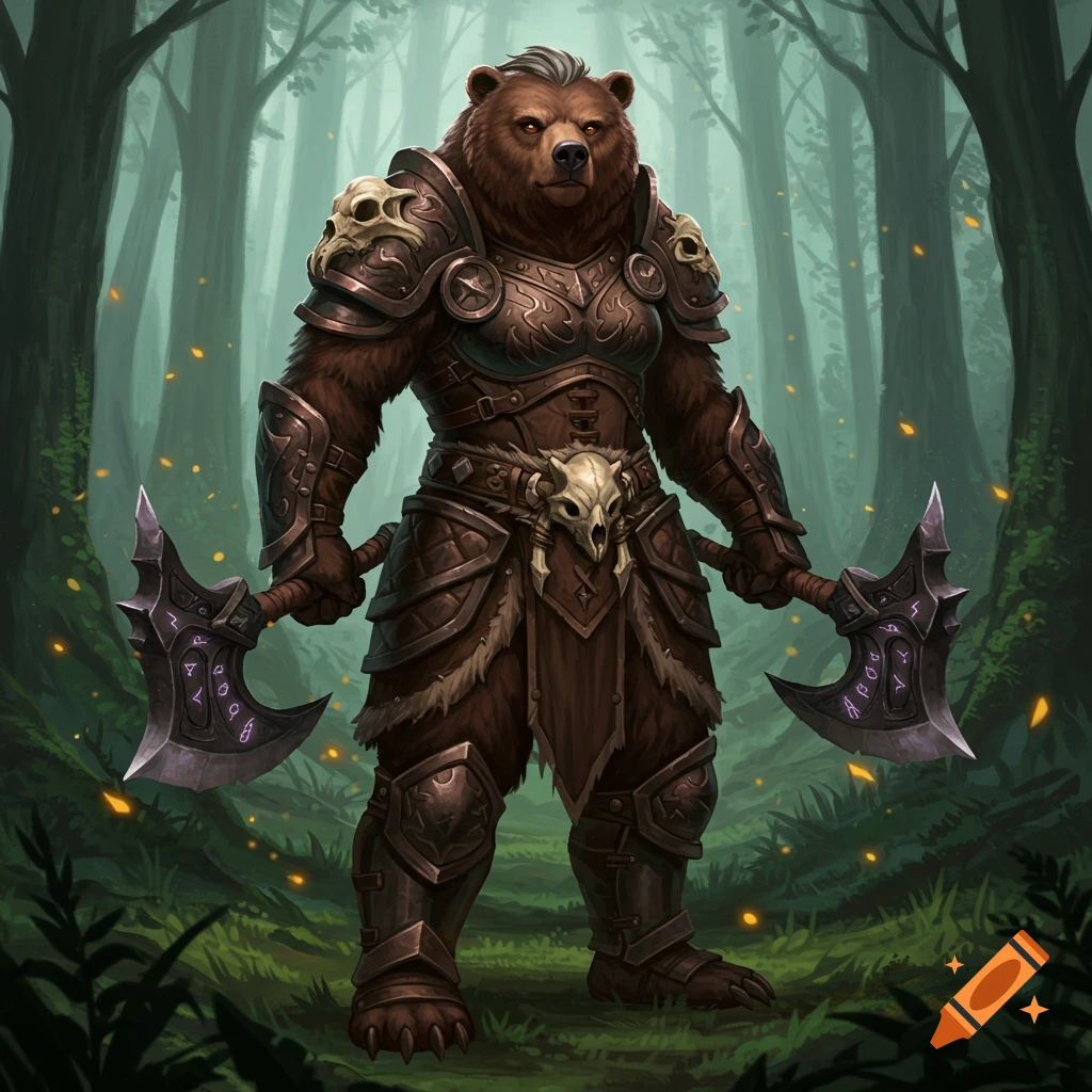 A bear warrior in ornate armor stands in a forest, holding two large ...