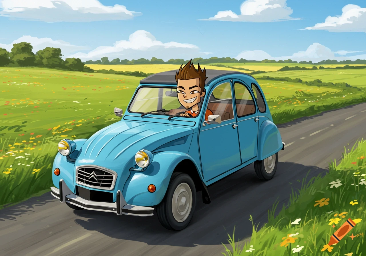 Cartoon character driving a blue car on a road through a green field on ...