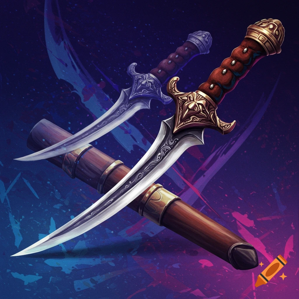 Two ornate fantasy daggers and scabbard on an abstract background. on Craiyon