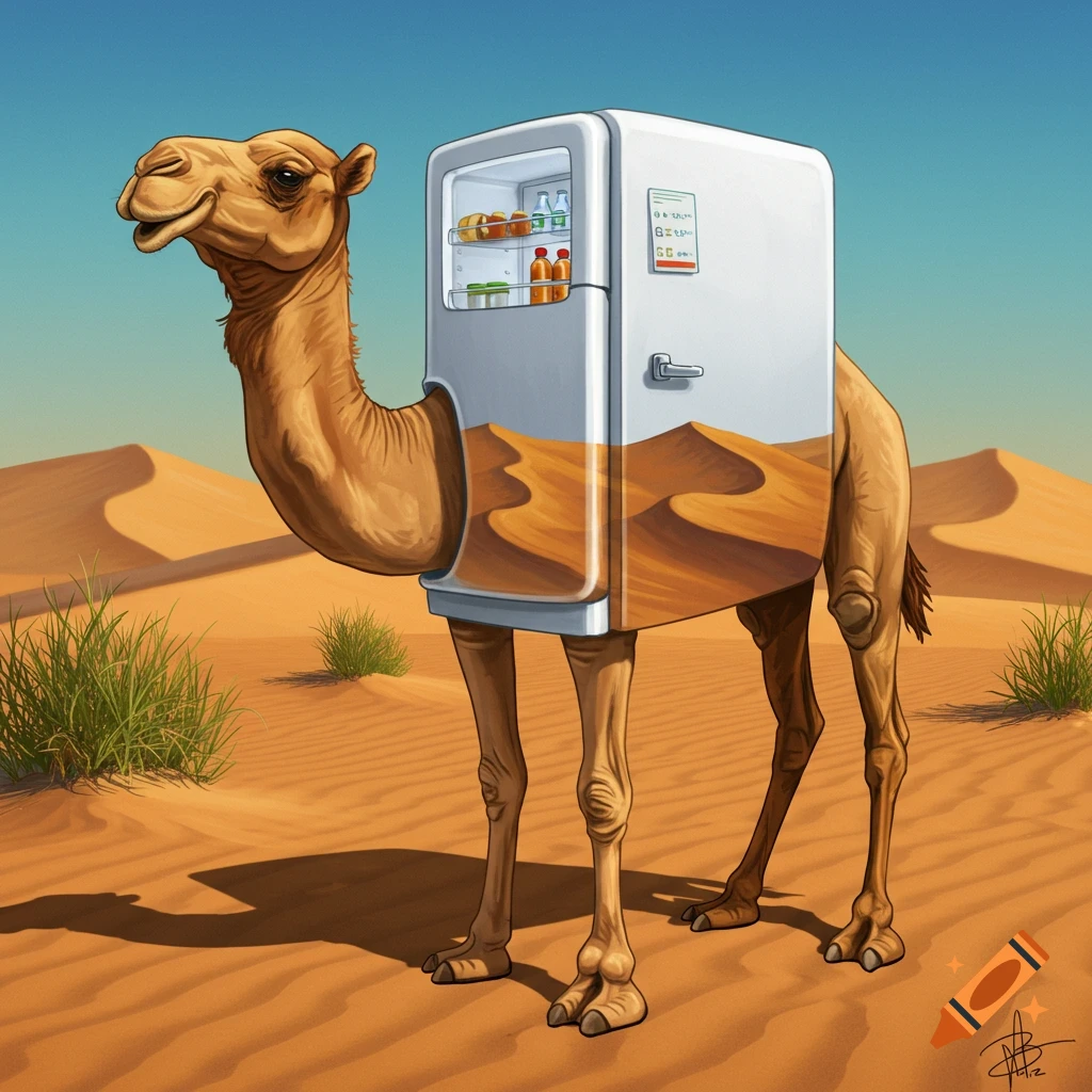 Surreal illustration of a camel with a refrigerator on its back in a ...