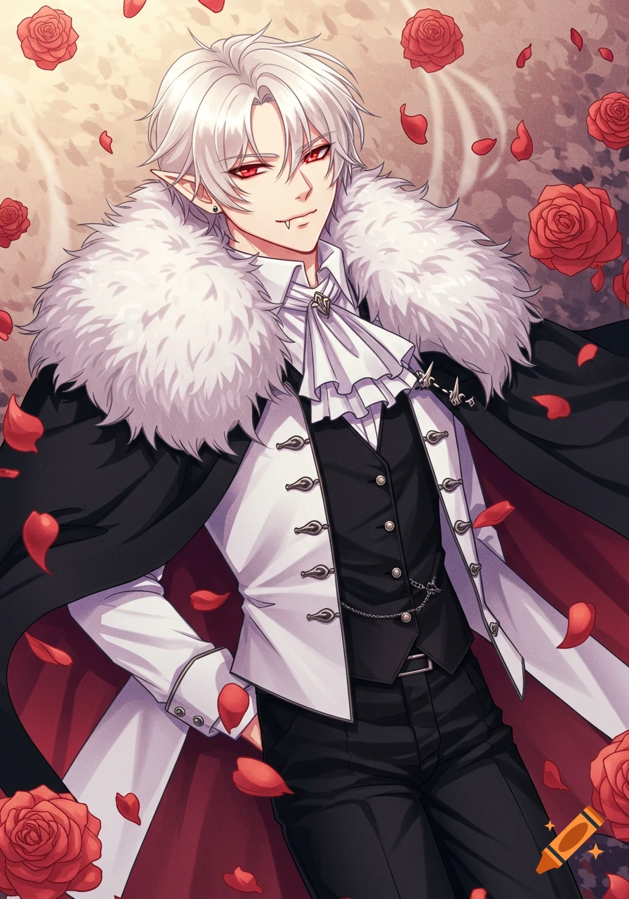 An anime character with white hair and red eyes, dressed as a vampire ...