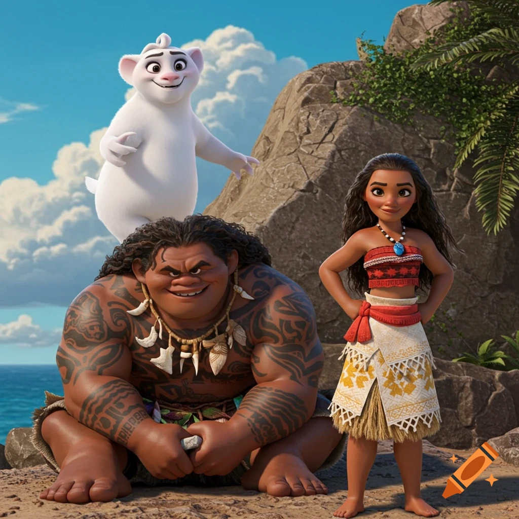 Animated characters Moana, Maui, and a white creature on a beach. on Craiyon