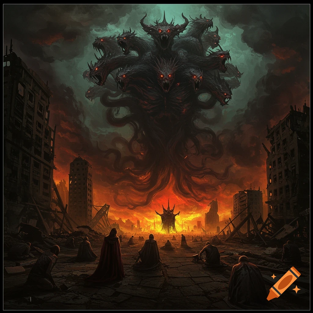 A giant multi-headed dark creature towers over a ruined city with robed ...