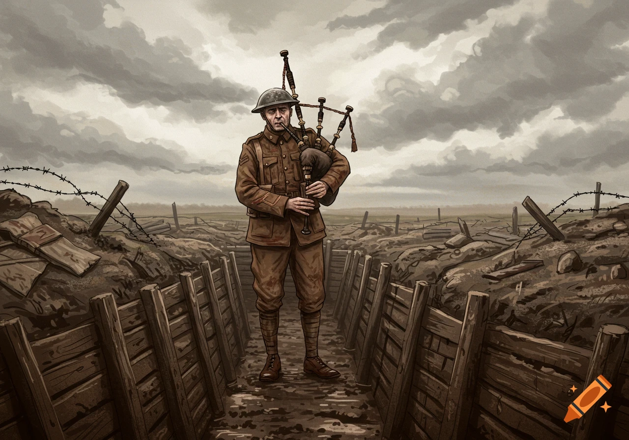 Illustration of a soldier playing bagpipes in a World War One trench on ...
