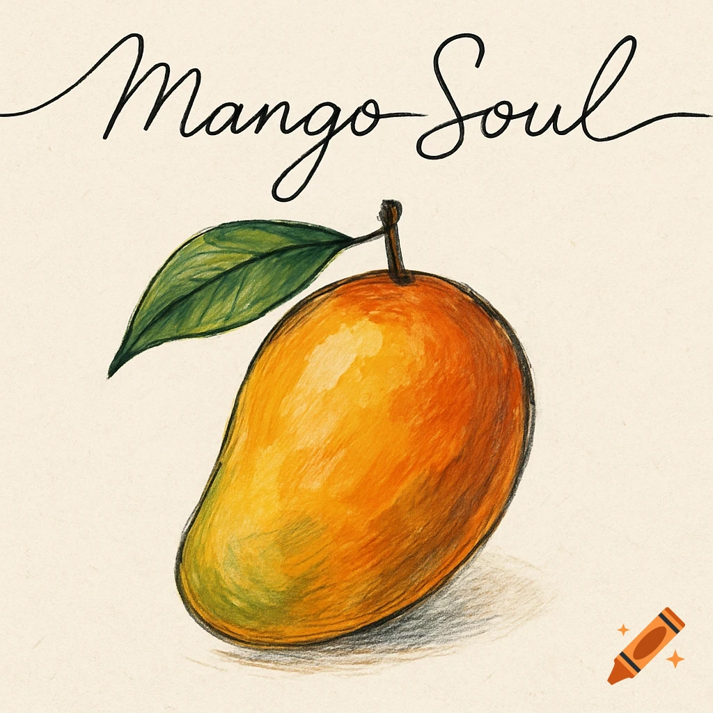 Colored pencil drawing of a mango with the text 'Mango Soul' above it ...