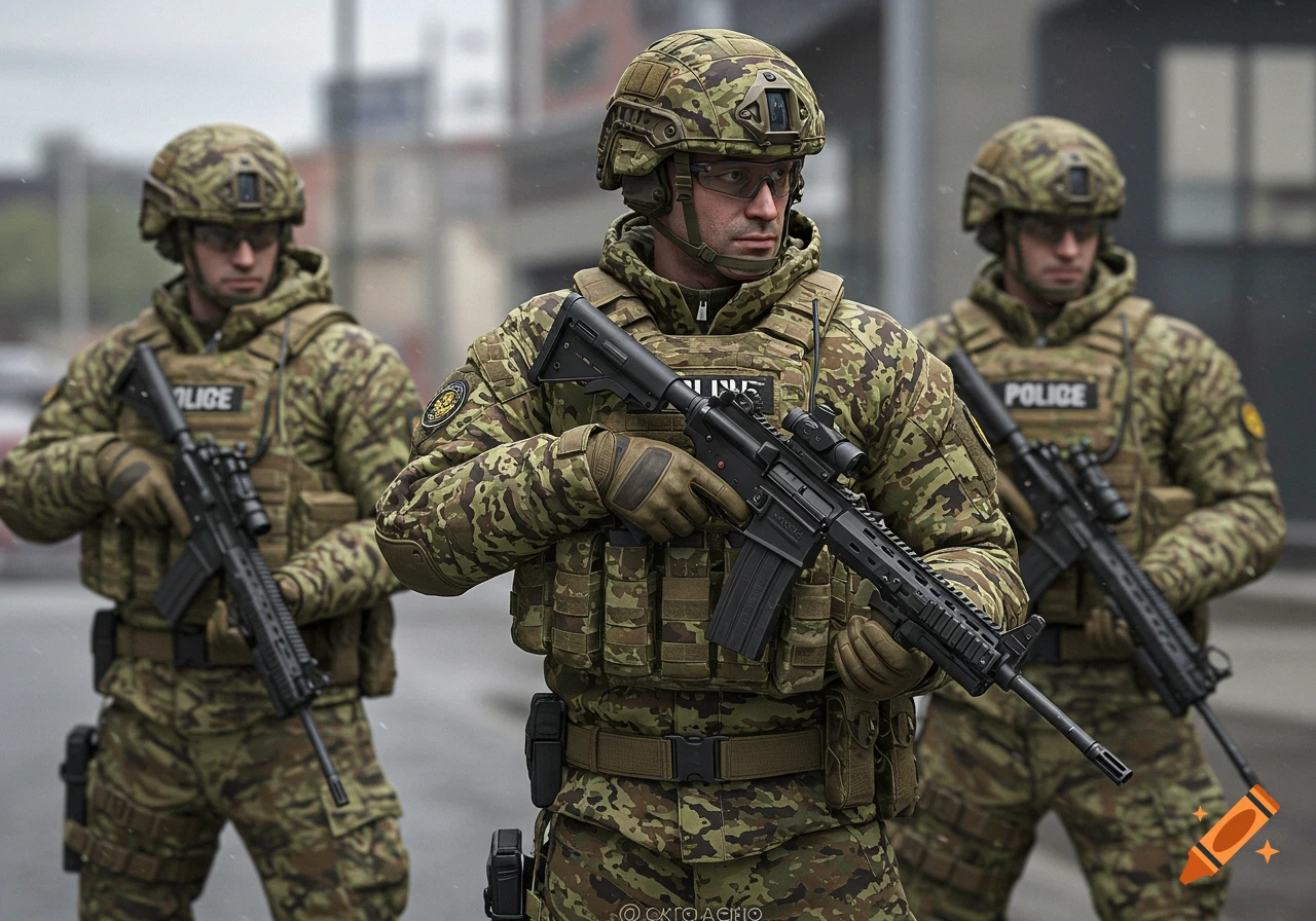 Three armed police officers in camouflage uniforms stand on a street ...