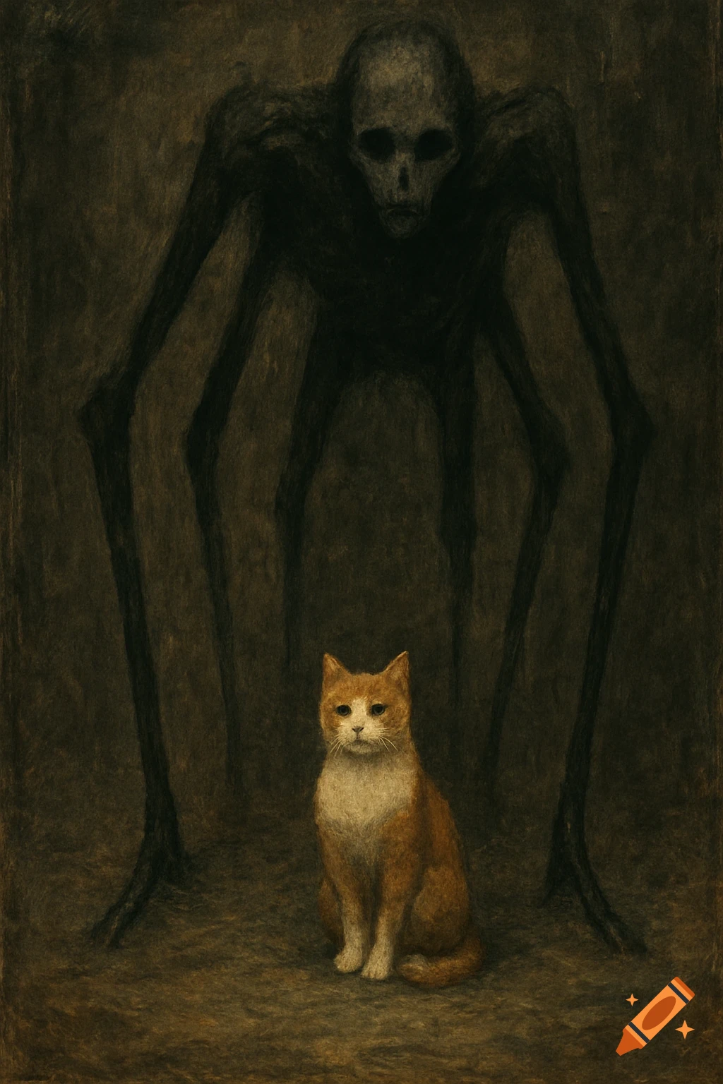 A cat sits before a tall, dark, spindly creature in a textured, spooky ...