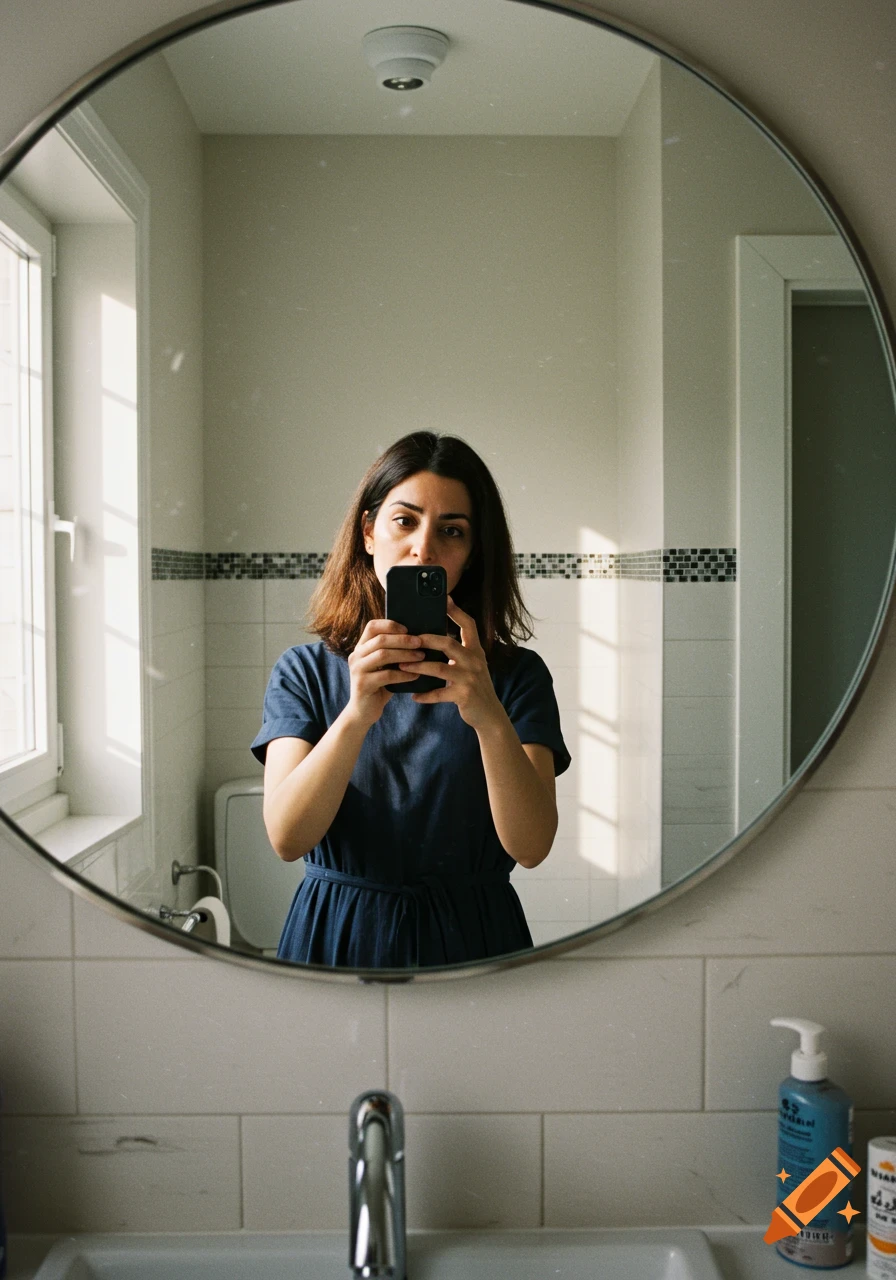 Woman takes a mirror selfie in a bathroom on Craiyon