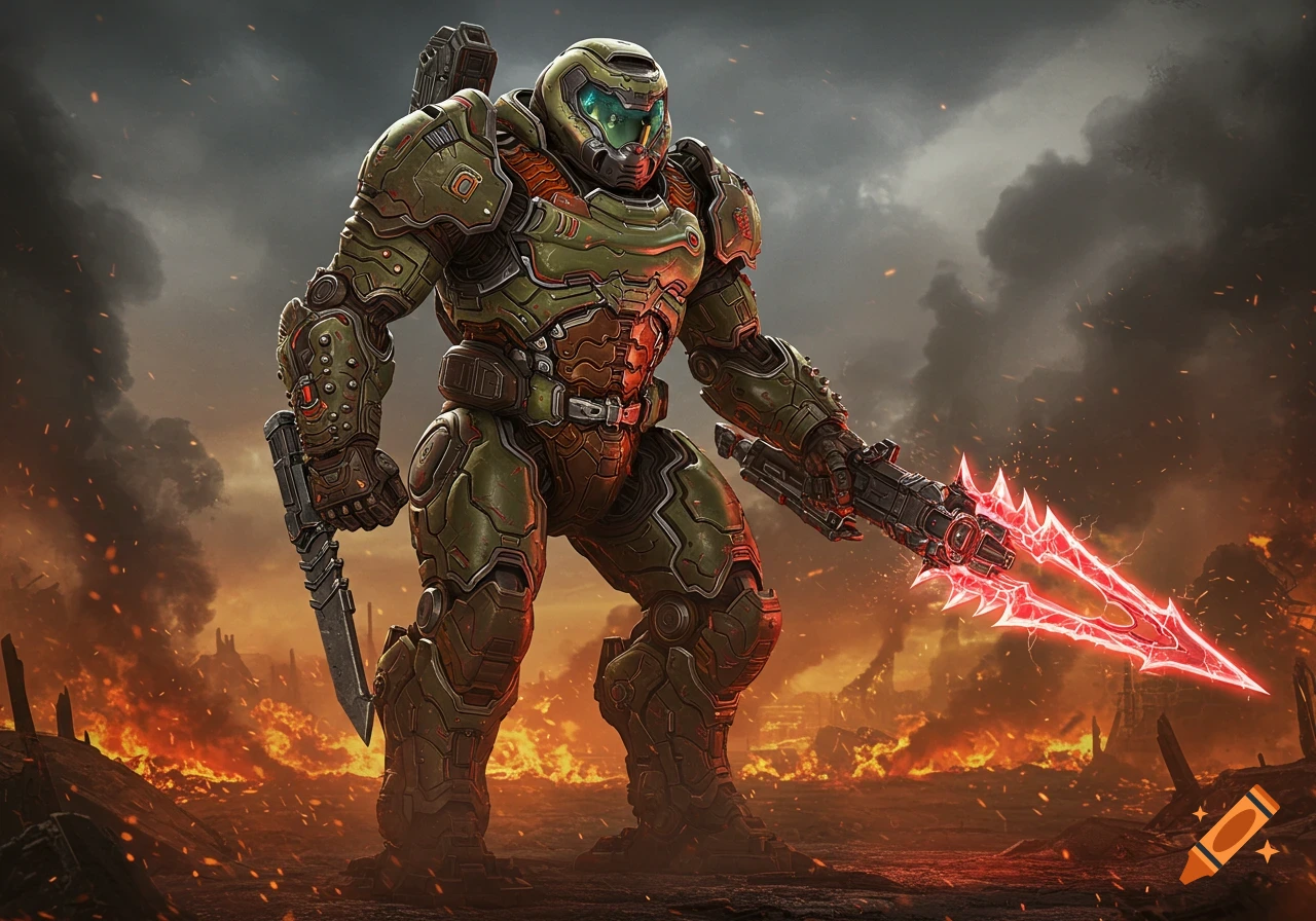 Doom Slayer stands in a fiery ruin holding a glowing energy sword and ...