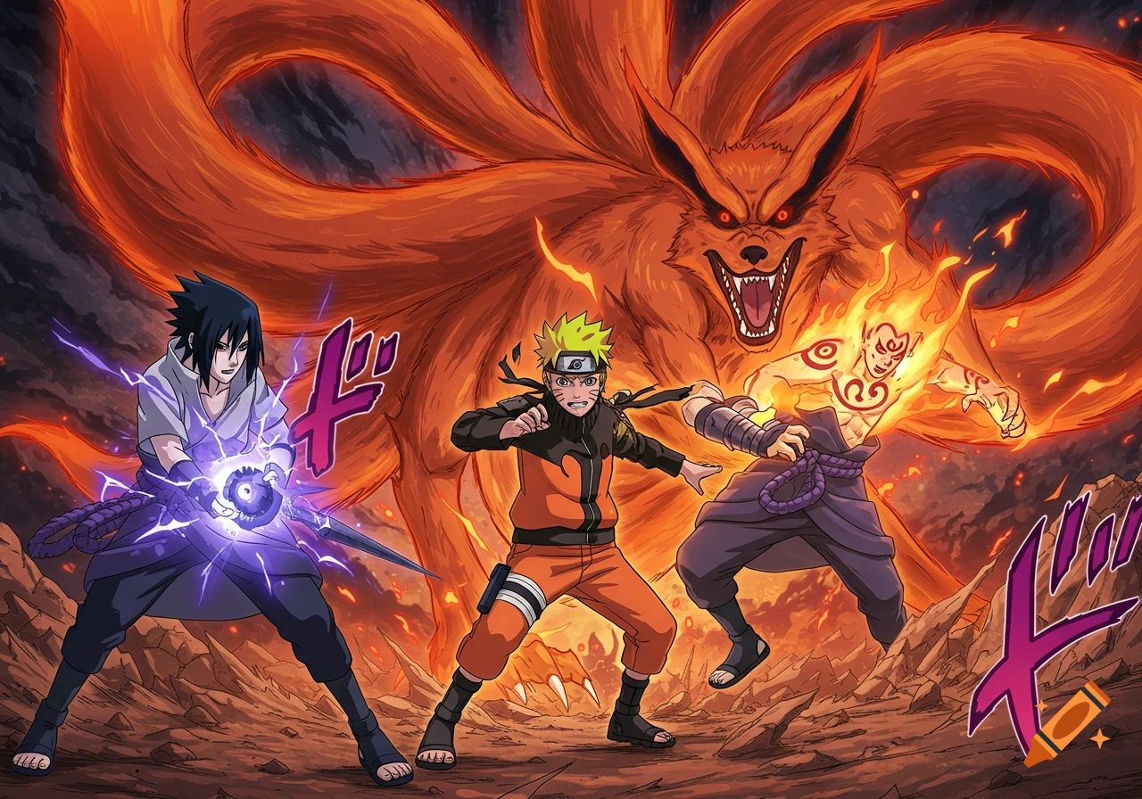 Naruto, Sasuke, and the Nine-Tails fox stand ready for battle in an ...