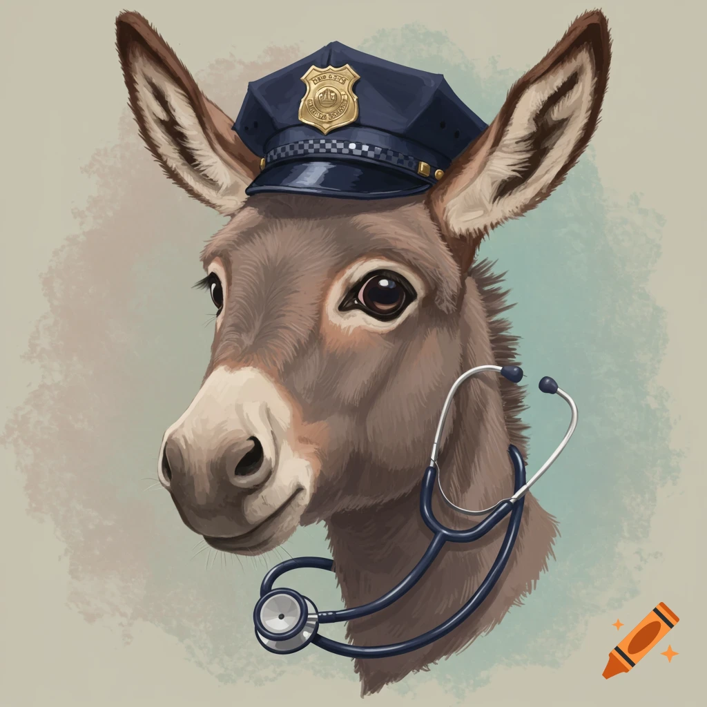 Illustration of a donkey head wearing a police hat and a stethoscope ...