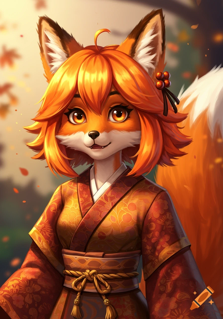 A furry fox girl character wearing a patterned kimono in an autumn ...