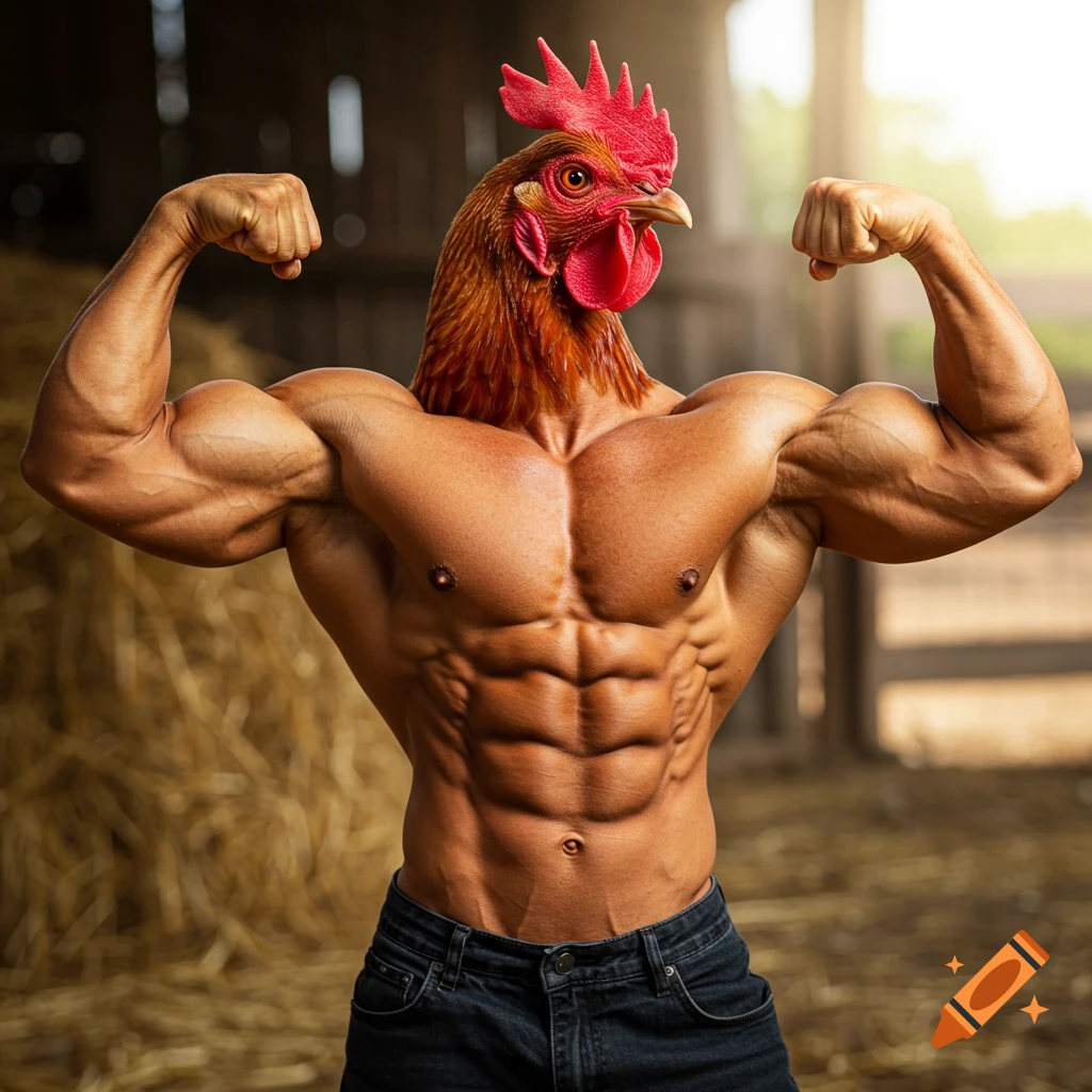 Muscular human body with a chicken head flexing biceps in a barn. on ...