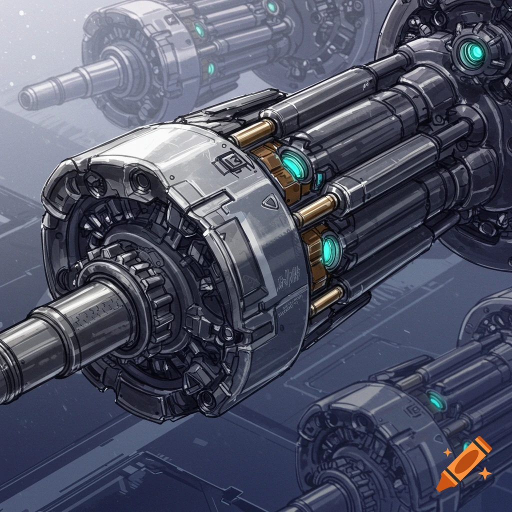 Detailed sci-fi illustration of multiple futuristic mechanical components with glowing blue ...