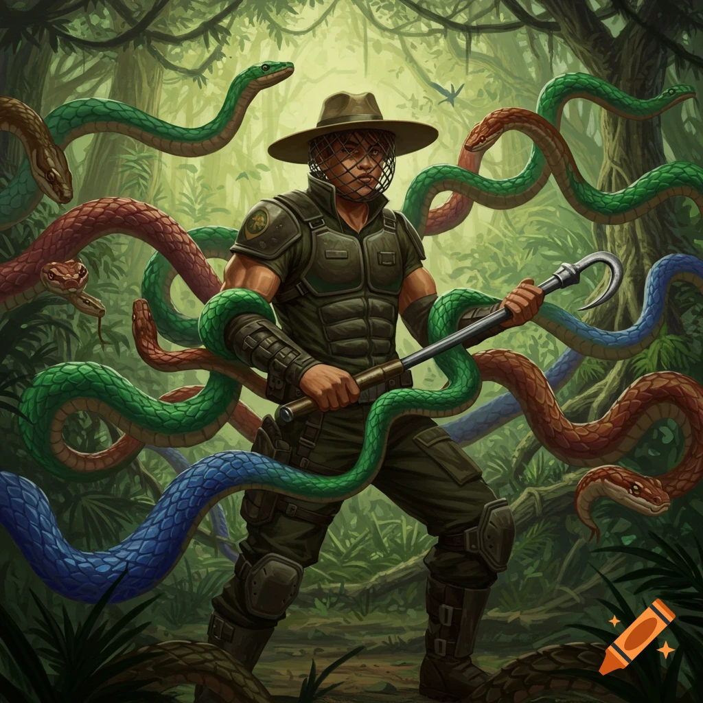 An illustrated image of a man in ranger gear surrounded by a swarm of ...