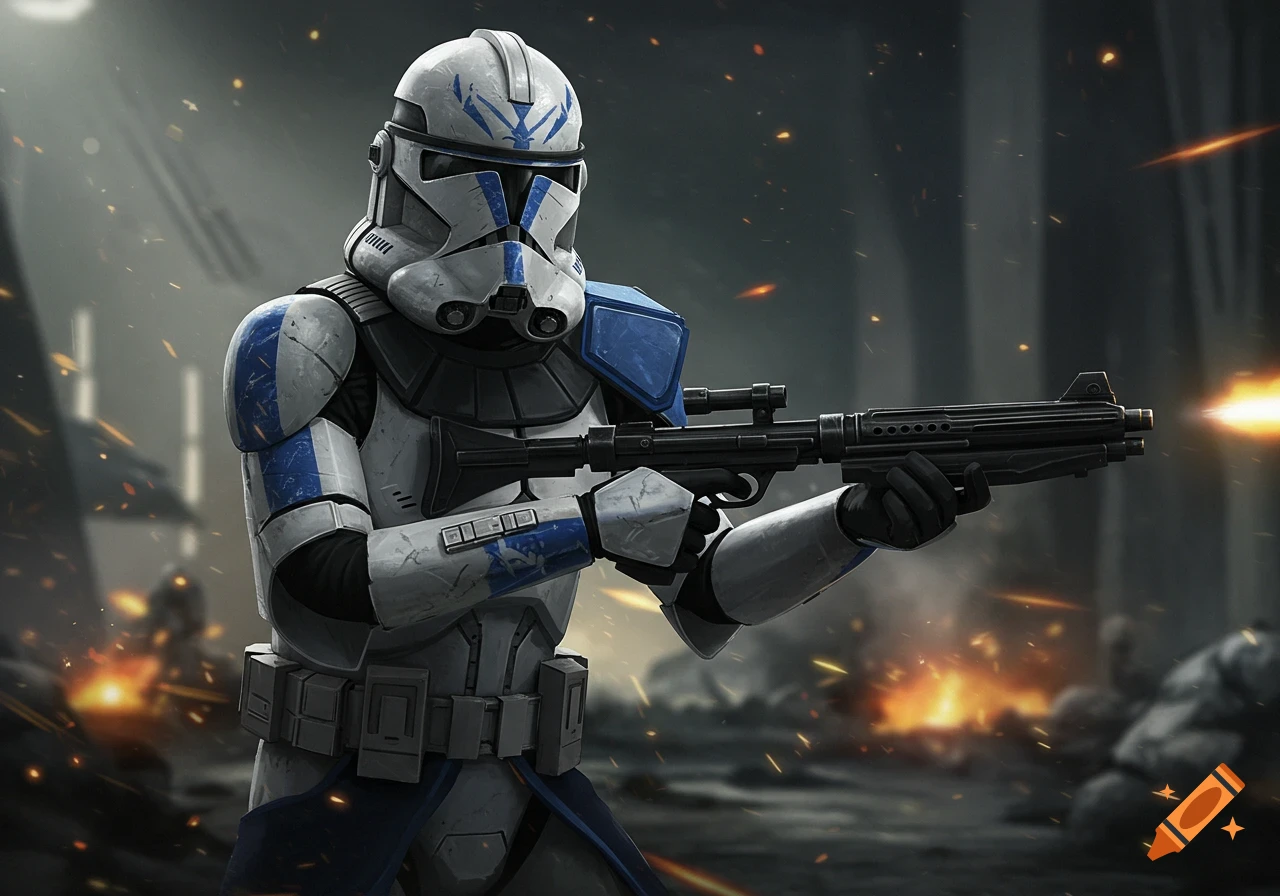 Star Wars clone trooper firing a rifle in a smoky battleground. on Craiyon