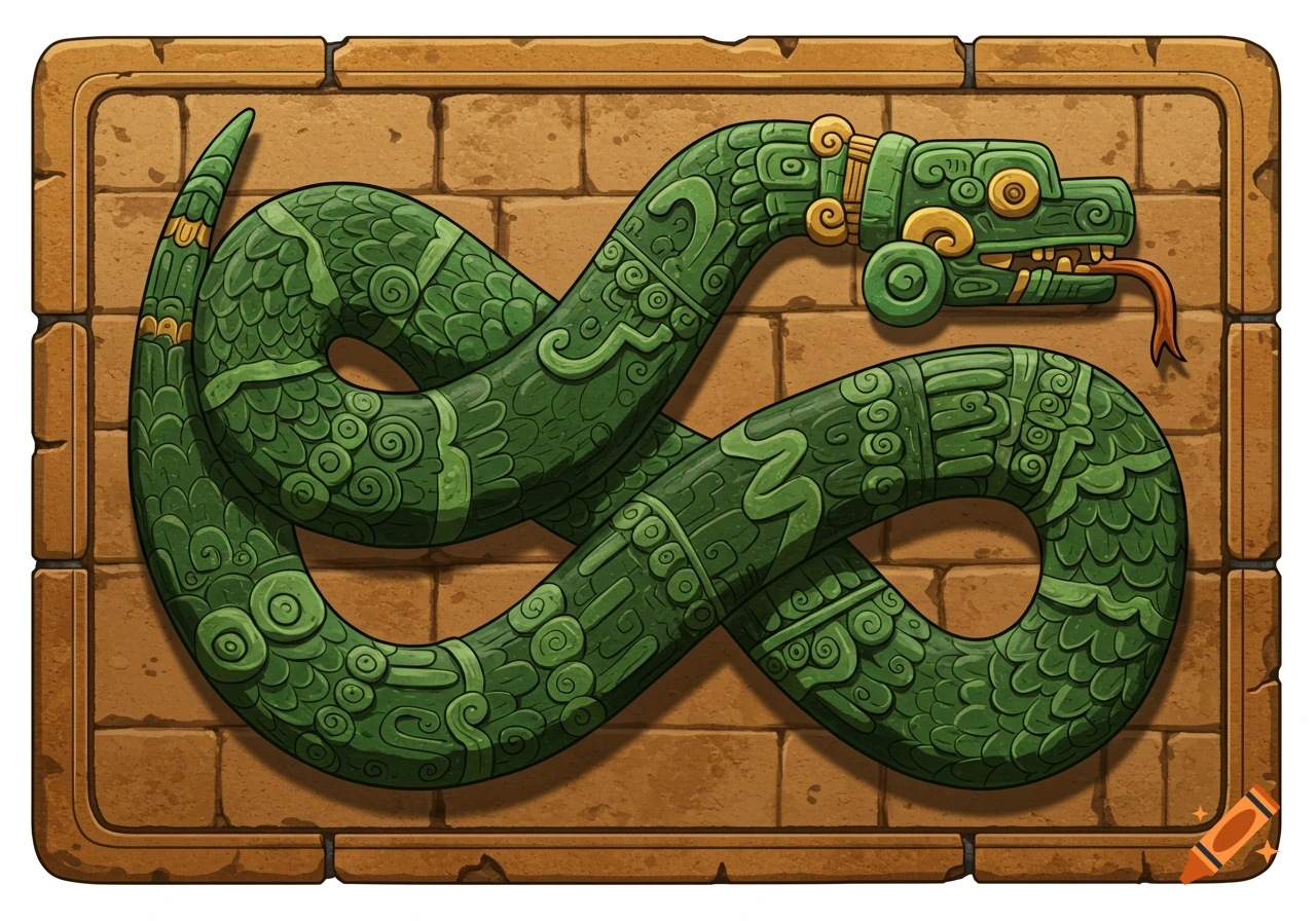 Aztec style green snake carving on a stone bas-relief tile. on Craiyon