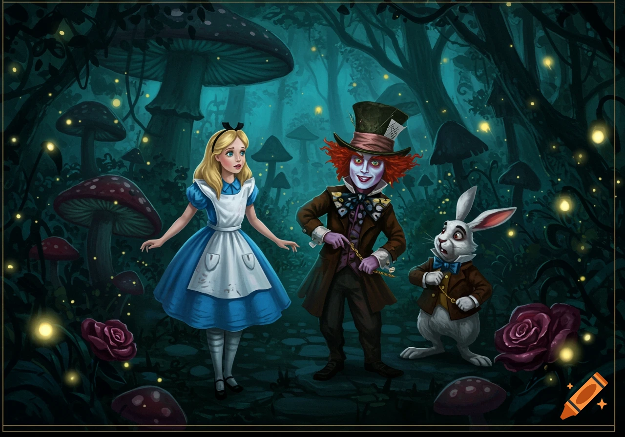 Illustration of Alice, the Mad Hatter, and the White Rabbit in a dark ...
