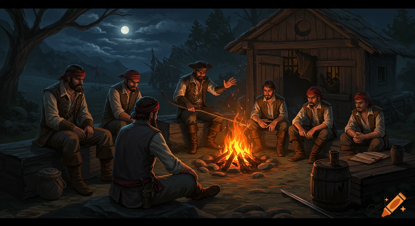 Group of men dressed as brigands or pirates sitting around a campfire ...