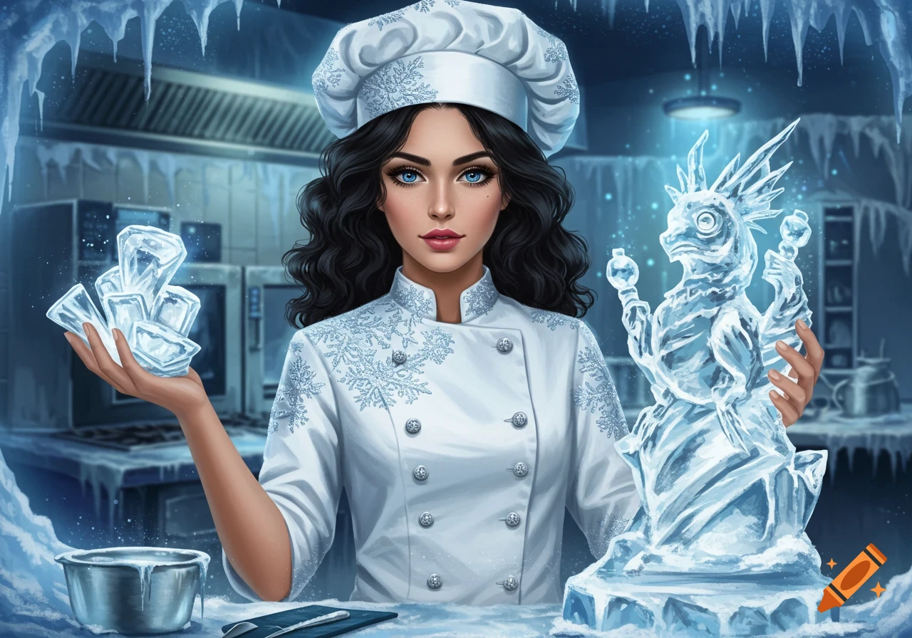 Brunette ice chef holding ice shapes and a creature sculpture in a ...