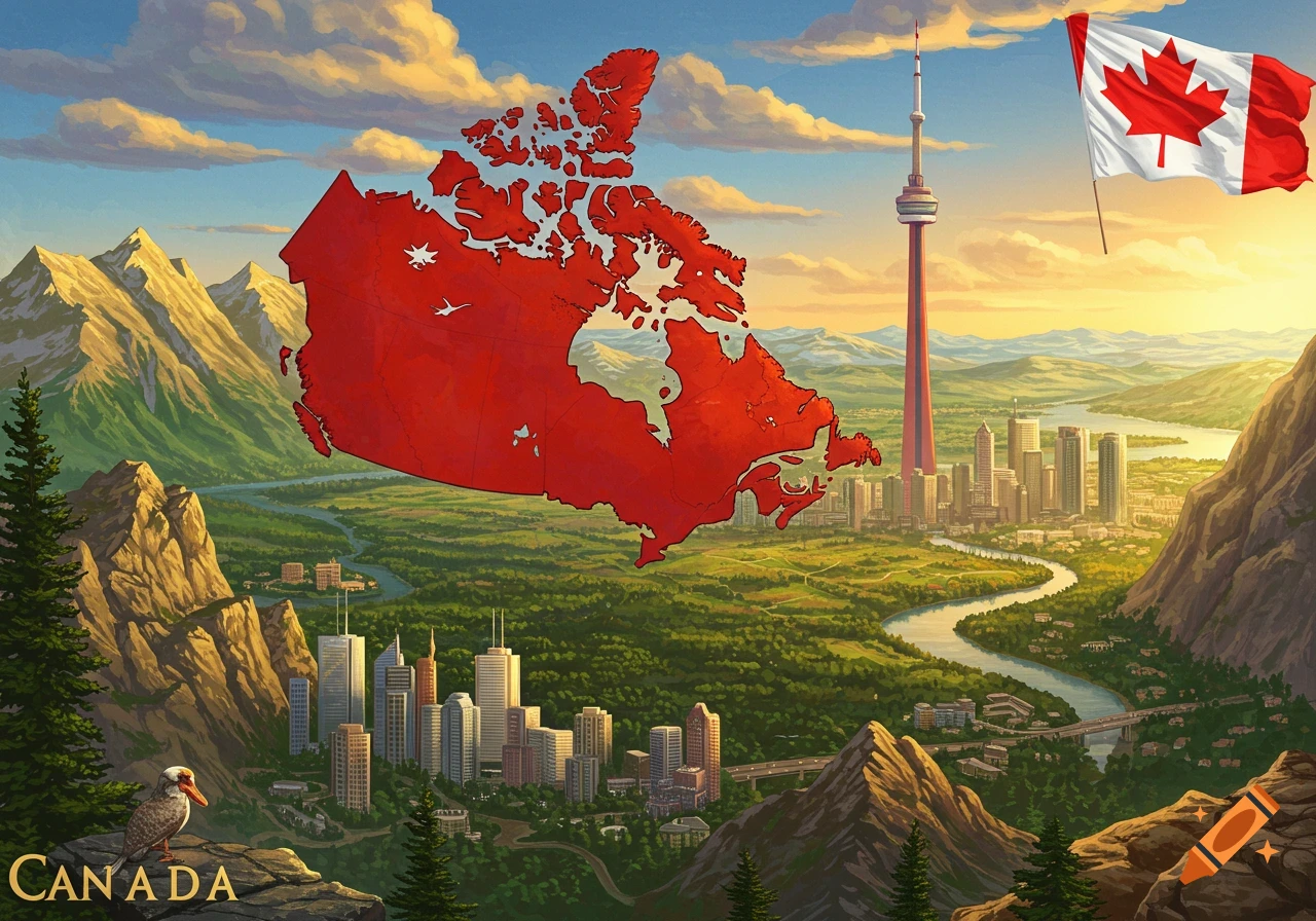 Map of Canada over landscape with Toronto skyline, CN Tower, Canadian ...
