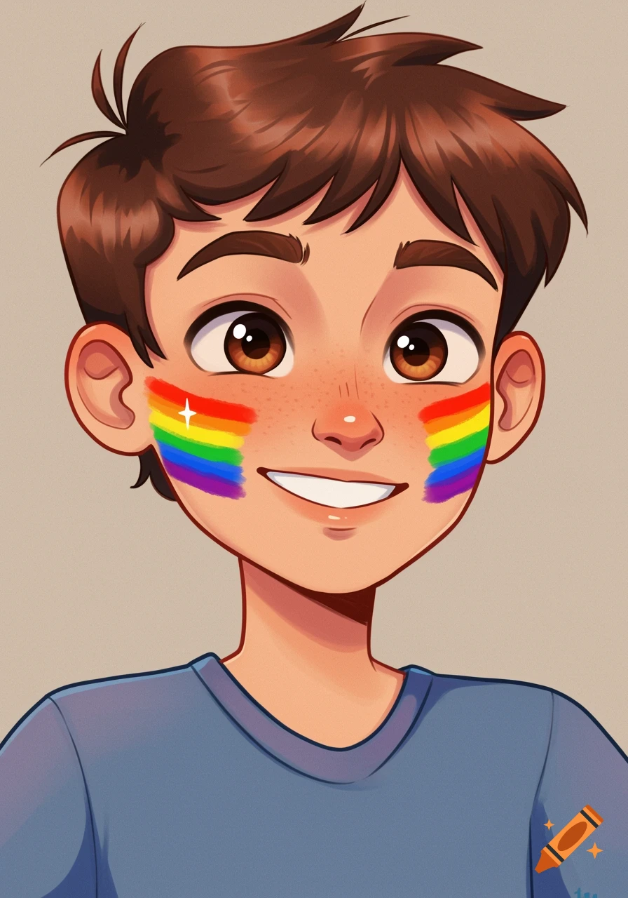 Animated portrait of a smiling boy with rainbow pride face paint. on ...