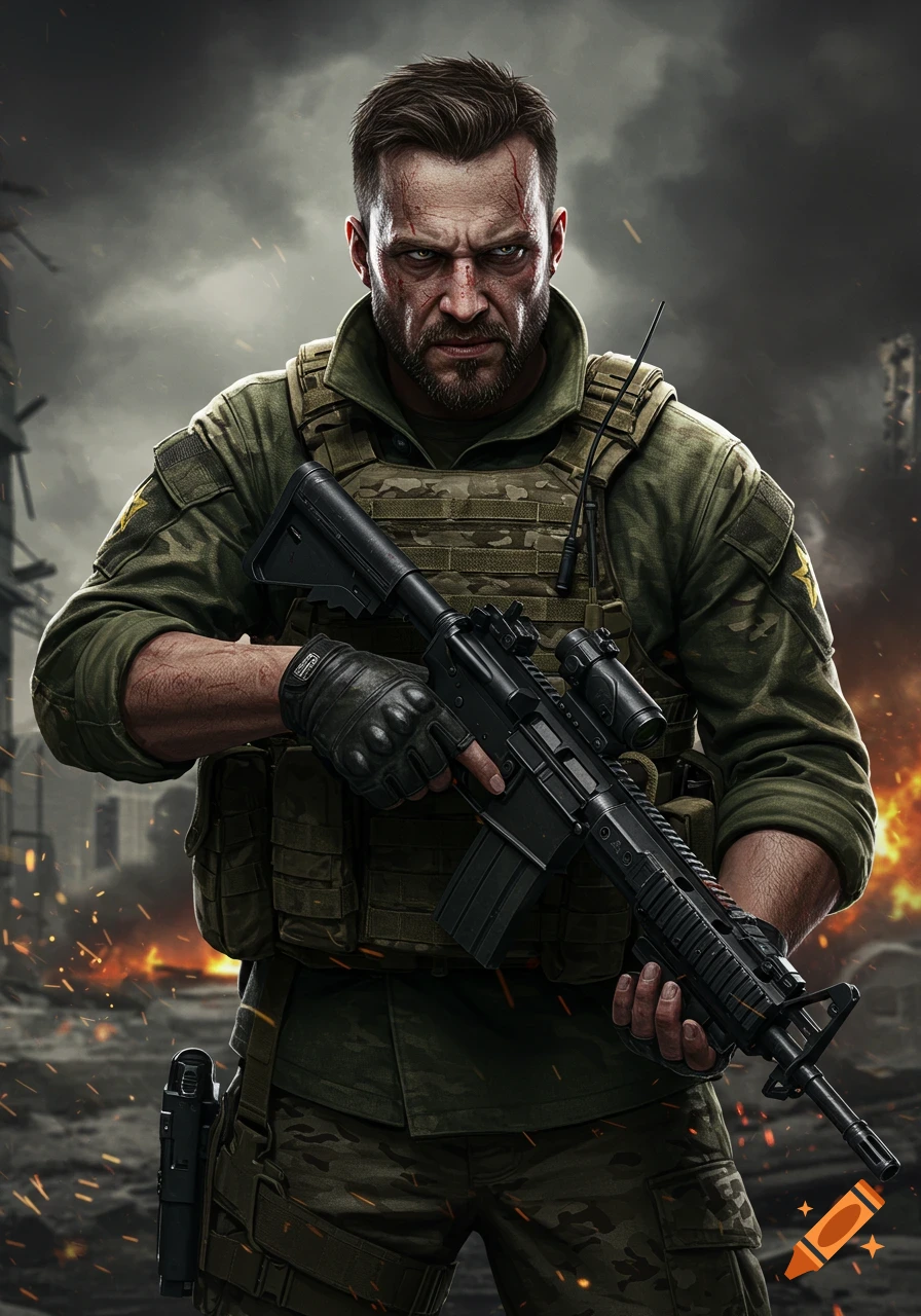 Photorealistic portrait of a battle-scarred soldier in military gear ...