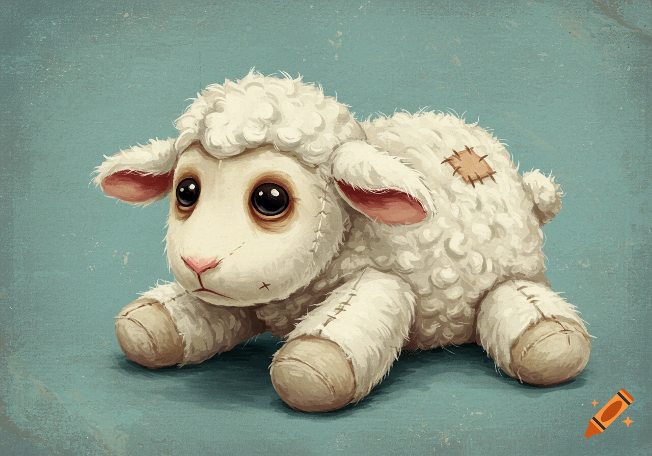 Illustration of a worn white sheep stuffed animal with patches and ...