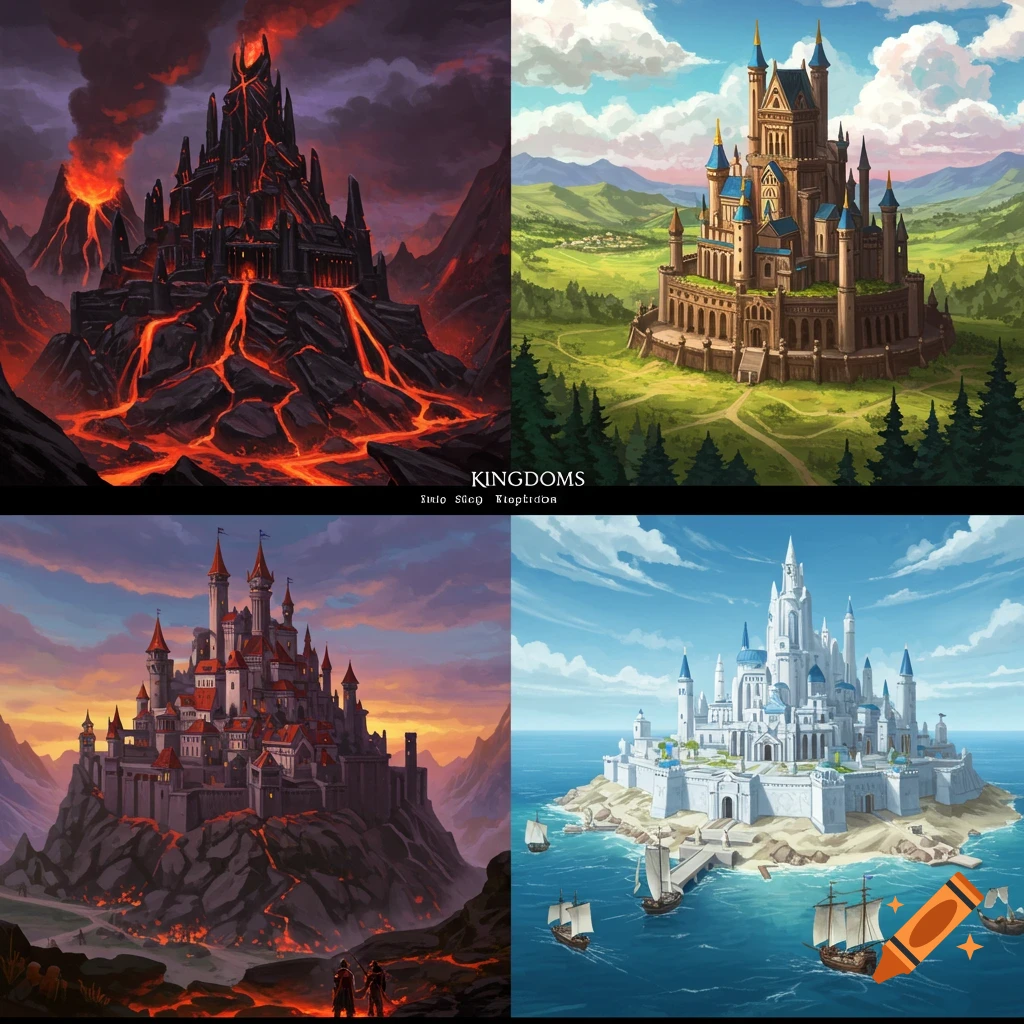 A grid of four fantasy castles in different environments: volcanic ...