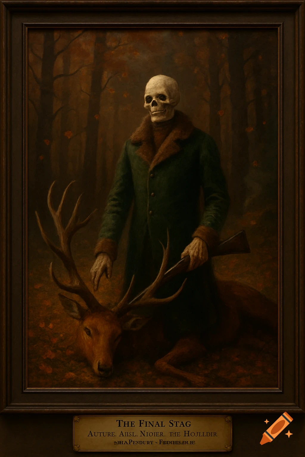 An oil painting depicts a skeleton in a green coat holding a rifle ...