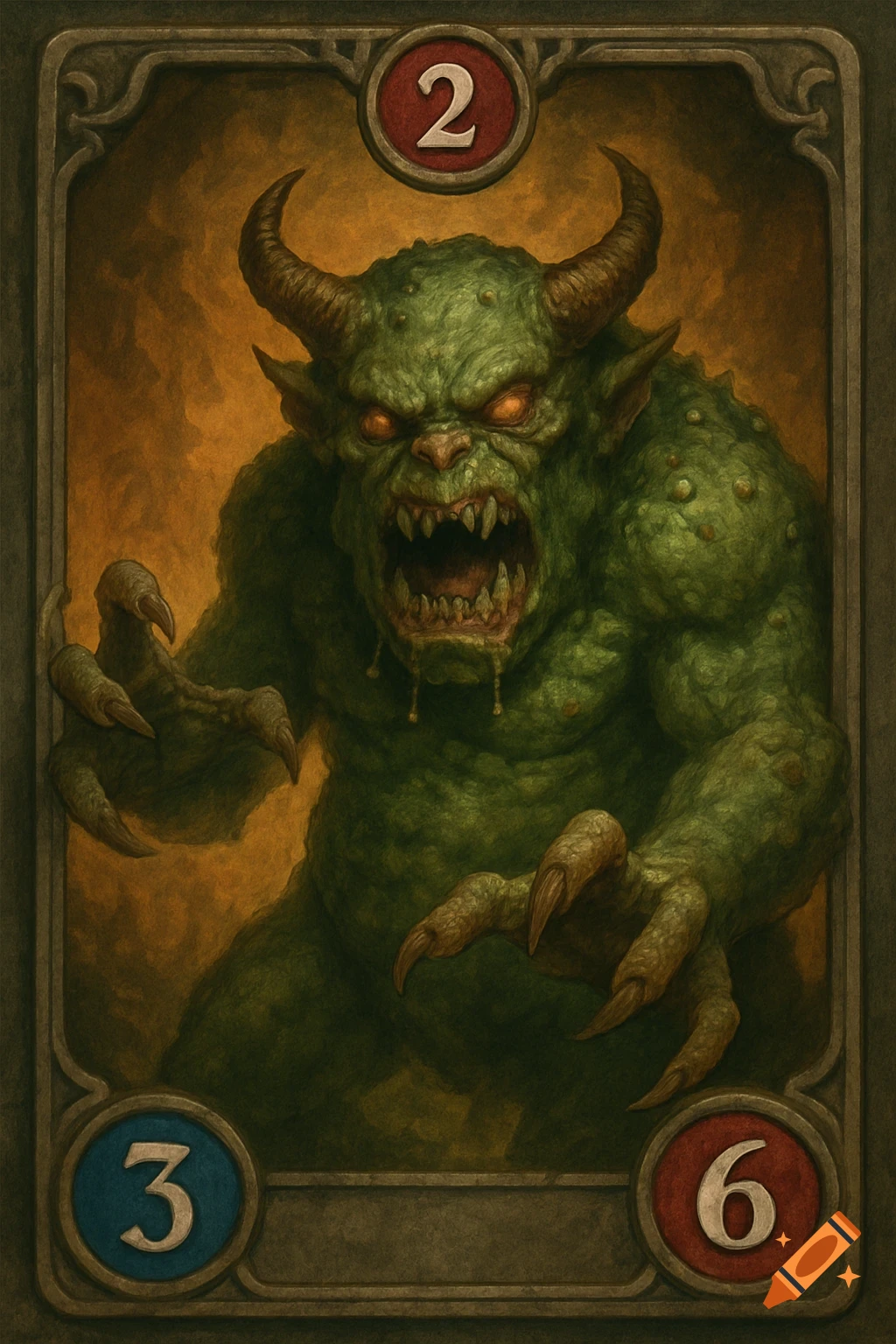 Fantasy art board game card with a green monster, numbers 2, 3, and 6 ...