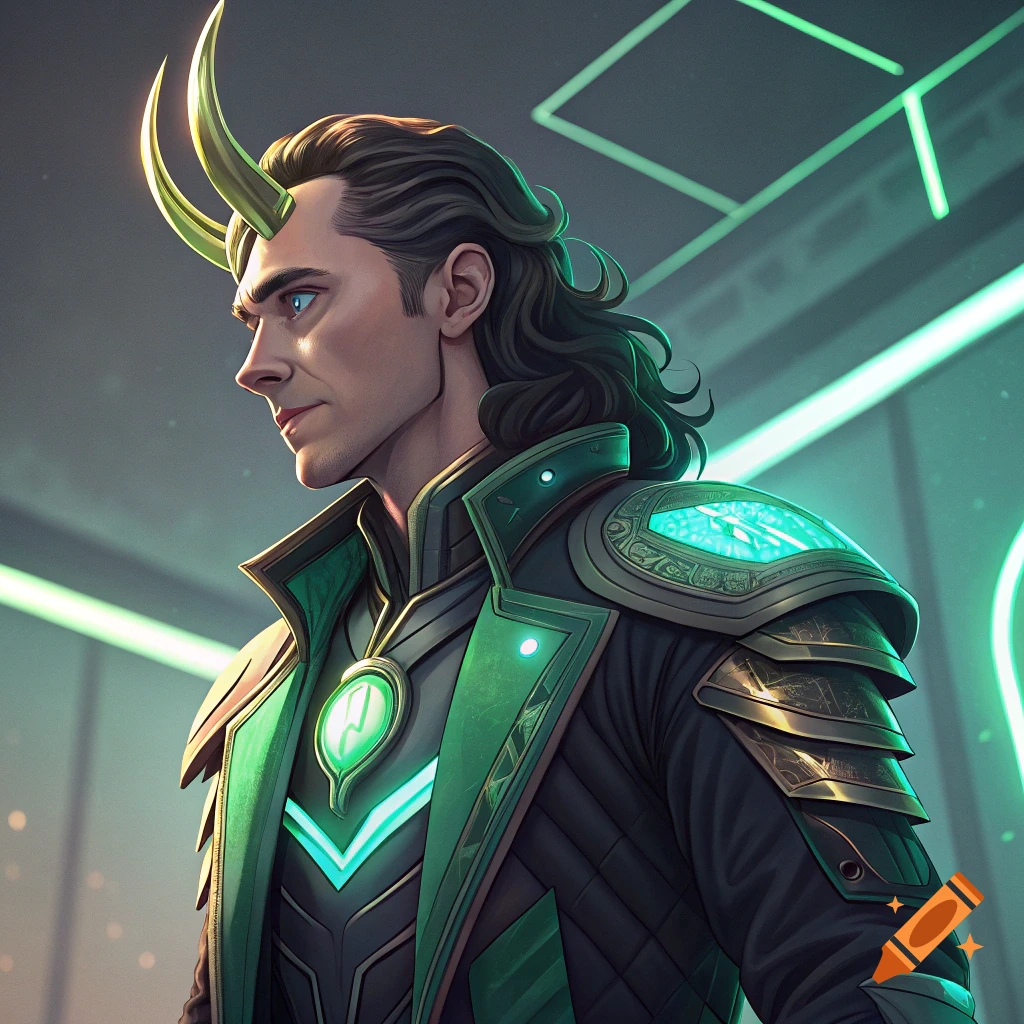 Loki in a futuristic green and black costume with horns on Craiyon