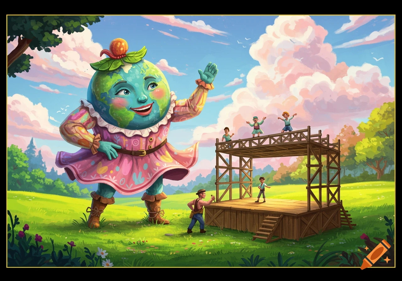 Cartoon illustration of personified Earth on a grassy hill near a stage ...