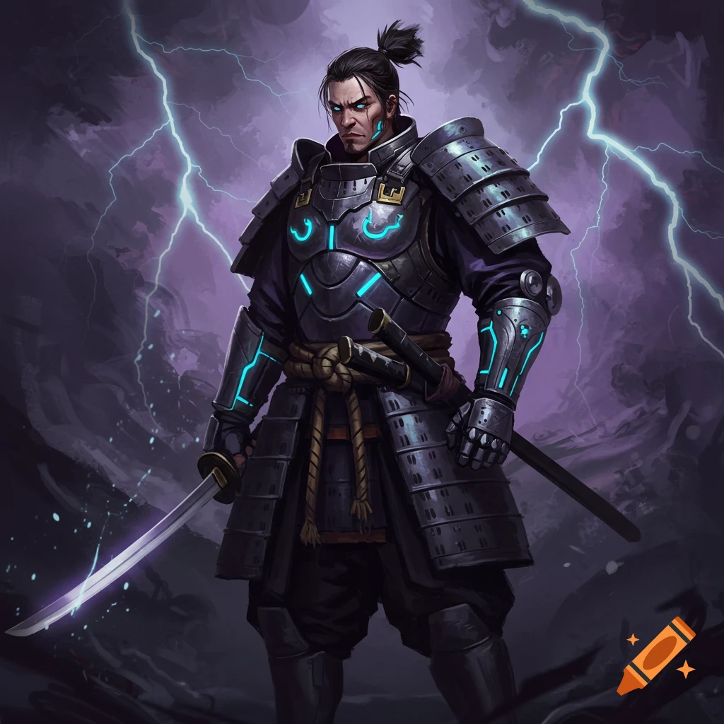 A samurai in futuristic power armor stands against a stormy sky with ...