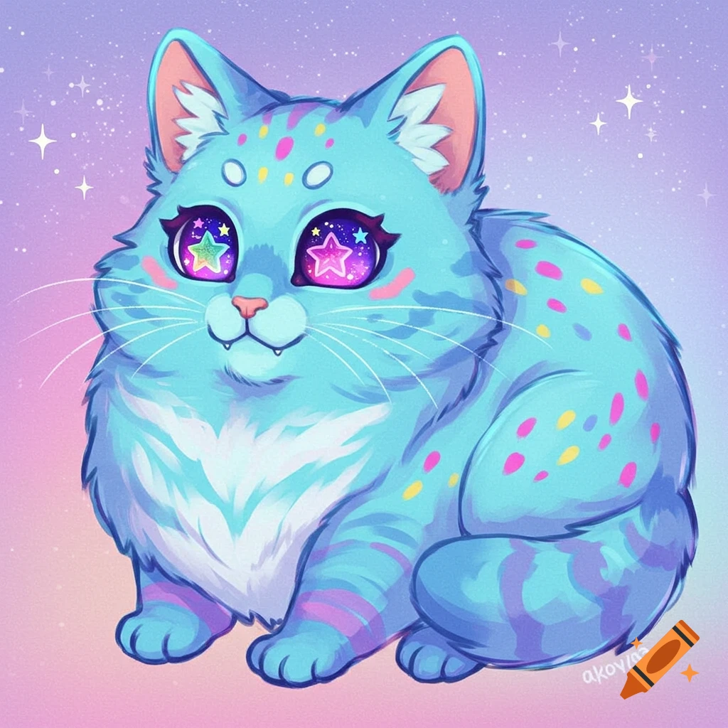 A chubby cyan cartoon cat with colorful spots and starry eyes on Craiyon