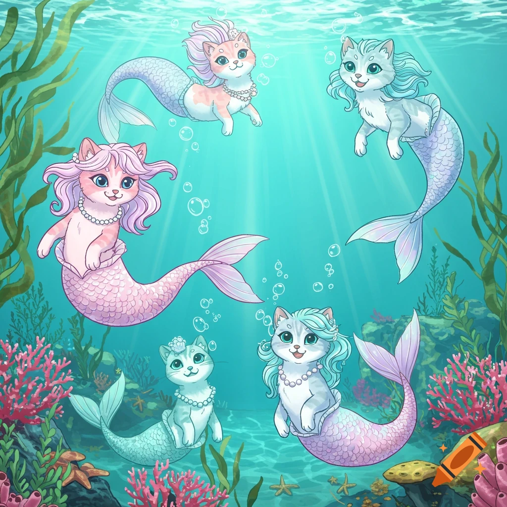 Cute cartoon mermaid cats swimming underwater among coral and plants ...