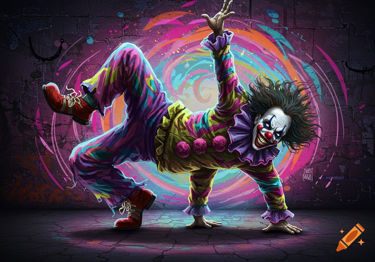 A stylized, colorful clown in a breakdancing pose on a street with ...