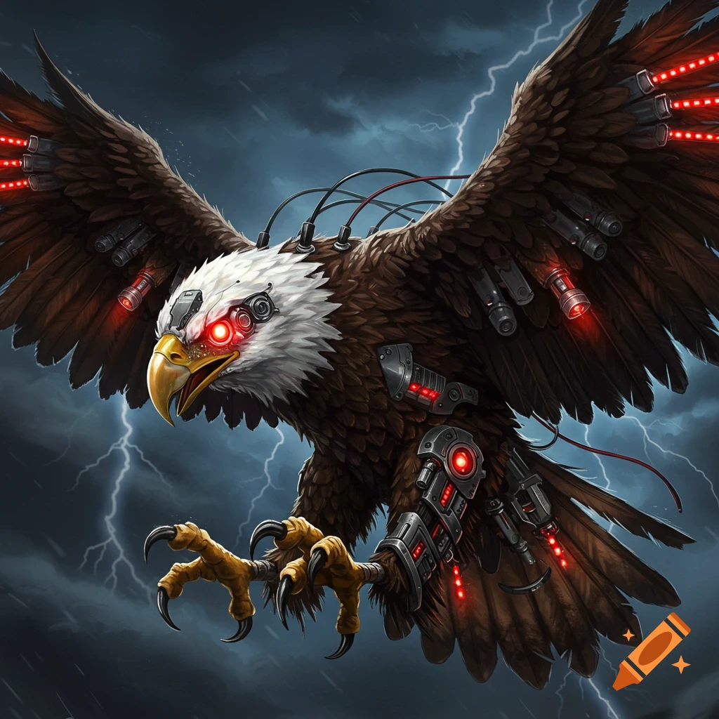 Cyborg eagle flying through a stormy sky with lightning. on Craiyon